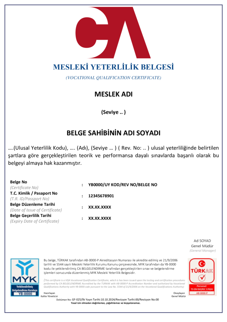 Mesleki Yeterlilik Belgesi Örneği – CA Belgelendirme